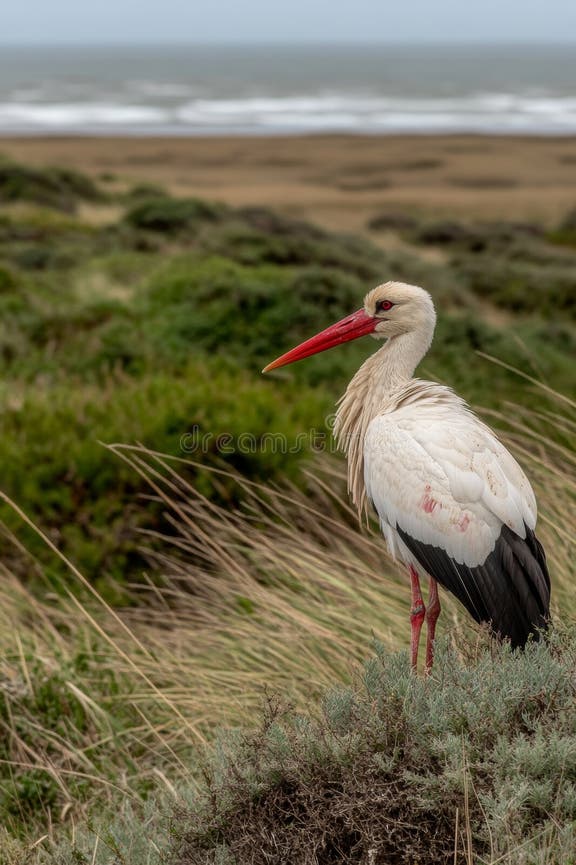 In the Spring Nesting Time, a Solitary White Stork Rests on a Meadow ...