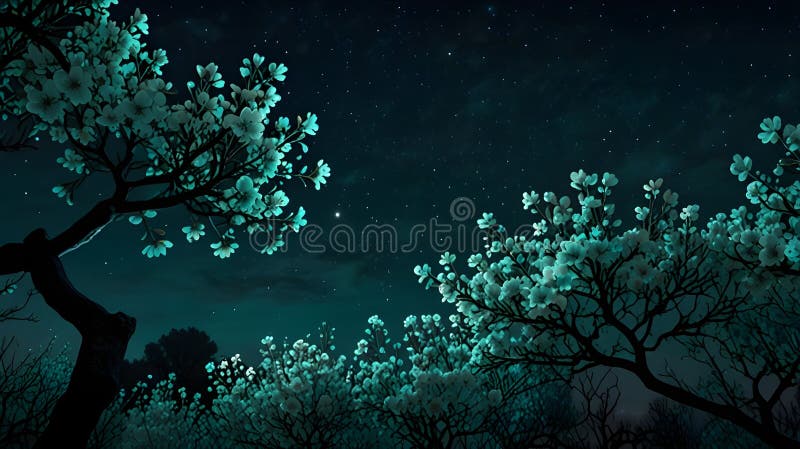 A Spring Night Sky Filled with Deep Teal Blossoms Glowing Under the ...