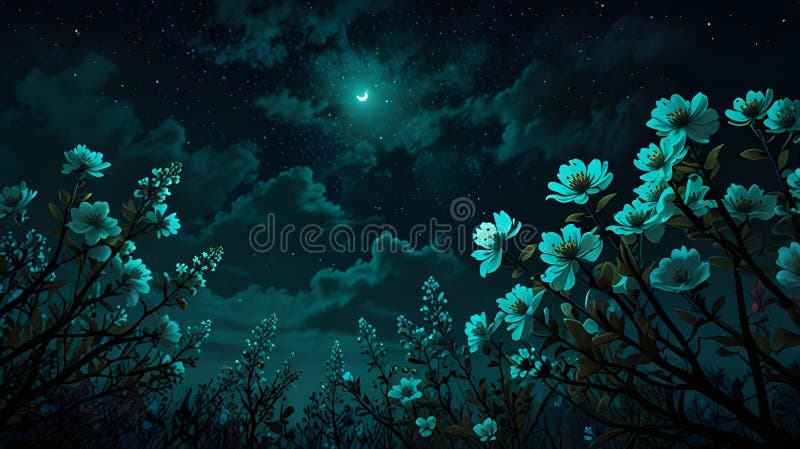 A Spring Night Sky Filled with Deep Teal Blossoms Glowing Under the ...