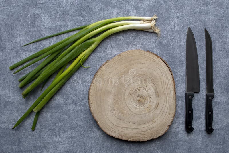 Spring Onions Vegetables and 2 Types of Cutting Knifes.. Stock Image ...