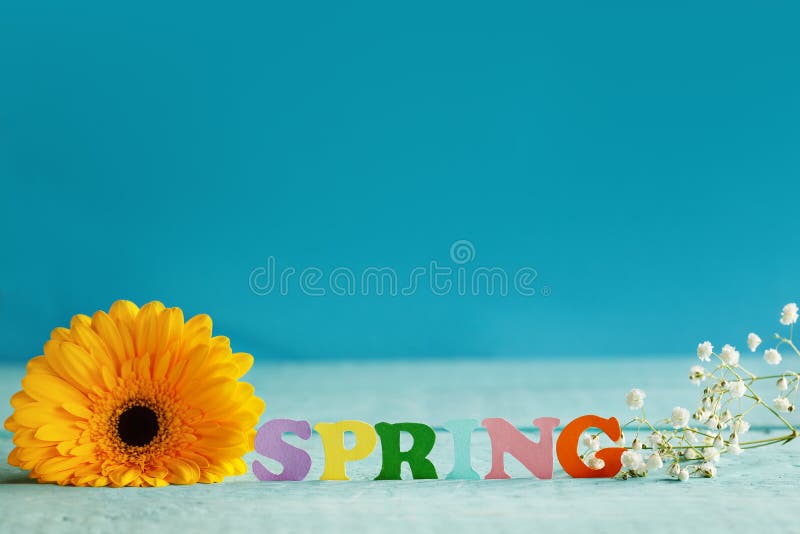 Spring Paper Word with Yellow Flower on Blue Background. Hello Spring ...