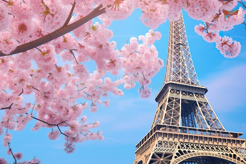 Spring in Paris. Beautiful Cherry Blossom Tree and the Eiffel Tower ...