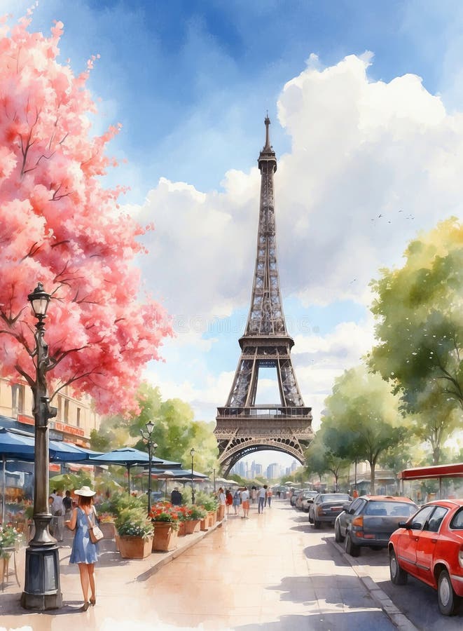 Spring in Paris, Watercolor Eiffel Tower and Street Stock Illustration ...