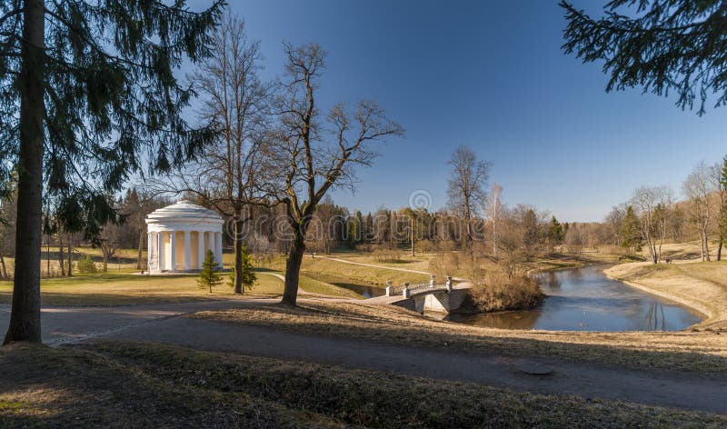 Spring Park with Classical Building and Bridge Stock Photo - Image of ...