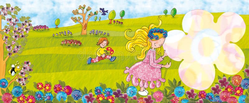 Spring in the Park Girl with Big Flower Stock Illustration ...