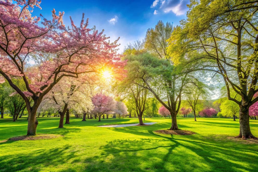 Spring Park with Green Grass and Trees Stock Illustration ...