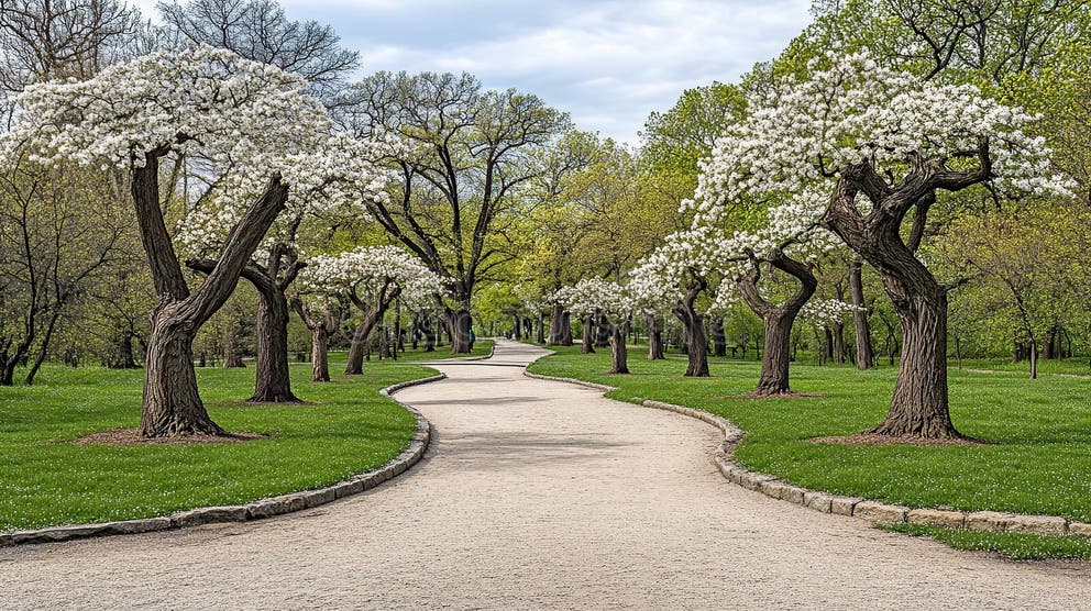 Spring Park Path, Blossoming Trees, Walkway, Nature, Green Stock Image ...