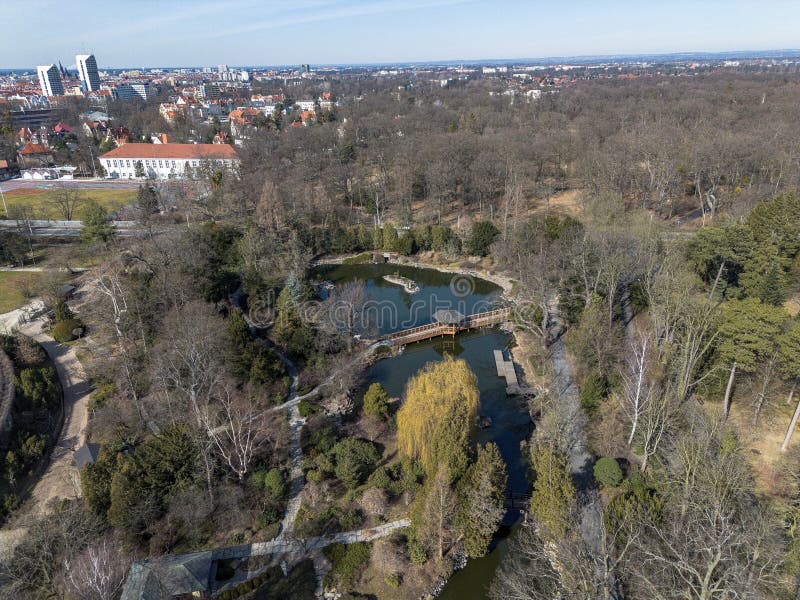 Spring Park with a Pond and a Bridge. View from Above Stock Image ...