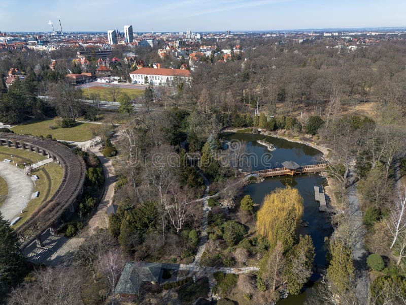 Spring Park with a Pond and a Bridge. View from Above Stock Image ...