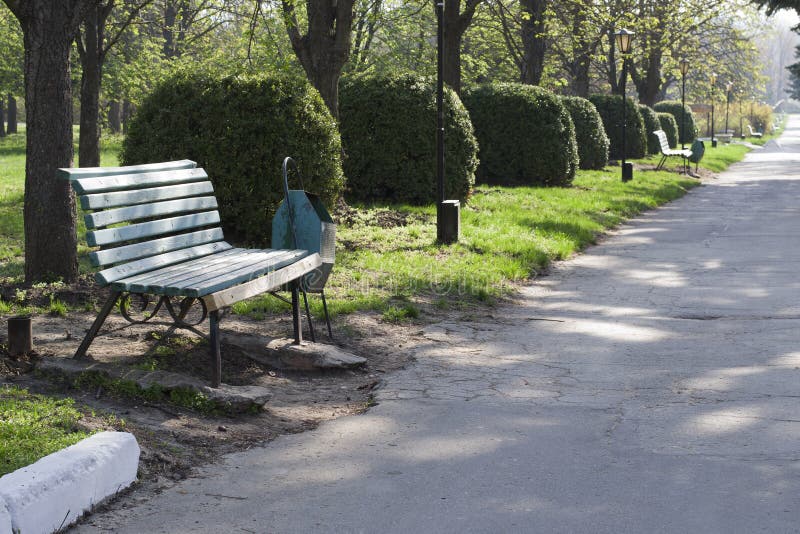 Spring Park with Road and Benches. Stock Photo - Image of nature ...