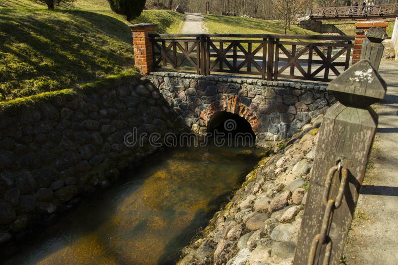 Spring Park Scene with Wooden Bridge Over River Stream in Lithuania ...