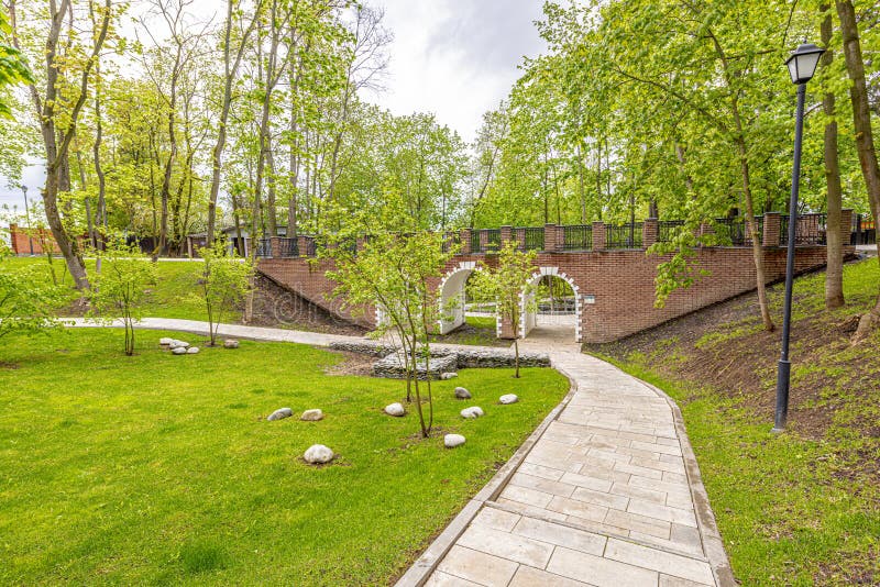 Spring Park with Stone Walkways and Benches Moscow on a Spring Day with ...