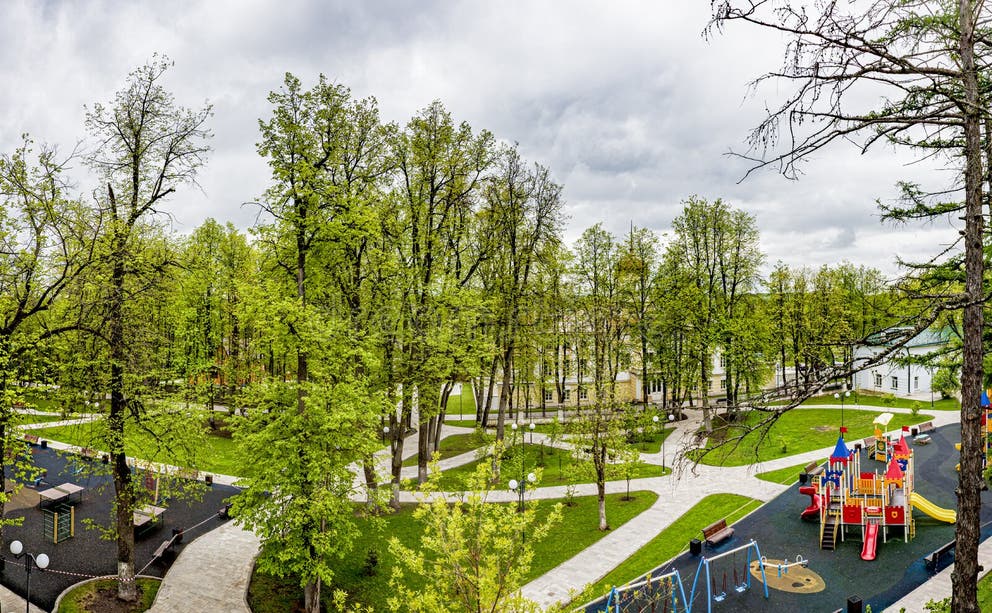 Spring Park with Stone Walkways and Benches Moscow on a Spring Day with ...