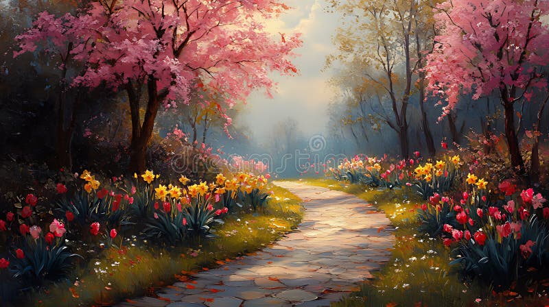 Spring Path, Blooming Flowers, Misty Forest, Sunrise, Idyllic Scene ...