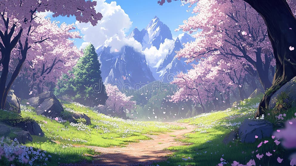 Spring Path, Cherry Blossoms, Mountain View, Fantasy Stock Image ...