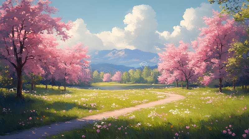 Spring Path, Cherry Blossoms, Mountain View, Sunny Meadow Stock ...