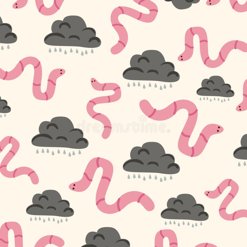 Spring Pattern with Earthworm and Storm Clouds. Cartoon Earthworm ...