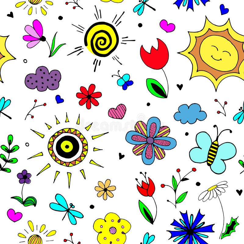 Spring Pattern. Seamless Vector Backdrop. Simple Cartoon Objects and ...