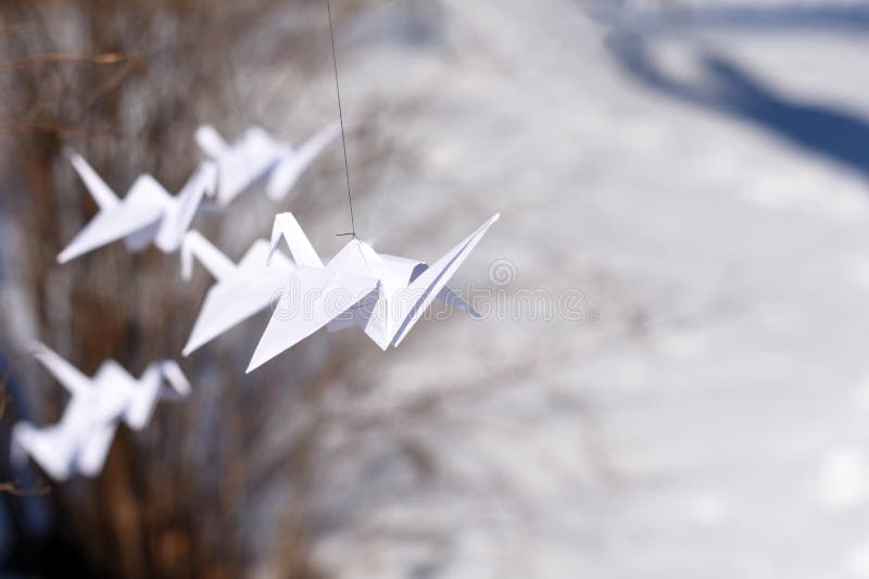 An Spring Photo with a Paper Origami Cranes Hanging on Tree Branches ...