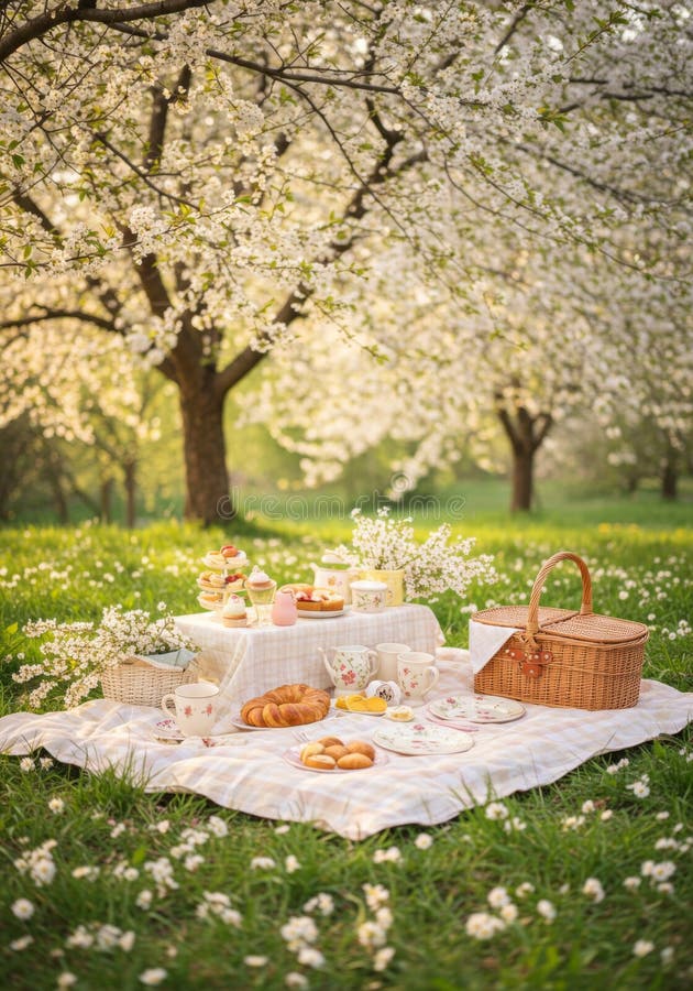 Spring Picnic Amidst Blooming Cherry Trees Stock Illustration - Illustration of basket, pink ...