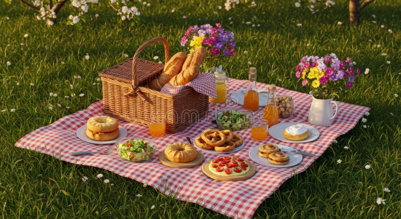 Spring Picnic Basket on Checkered Blanket in Sunny Meadow Stock Illustration - Illustration of ...