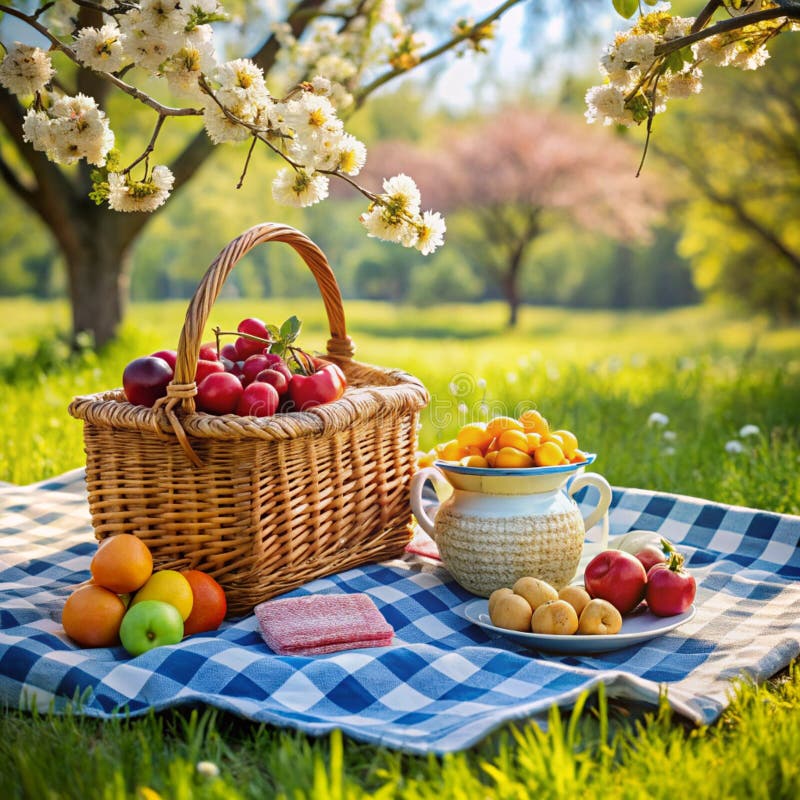 Spring Picnic Basket Fresh Fruit Under Blossoming Trees Stock Photos - Free & Royalty-Free Stock ...