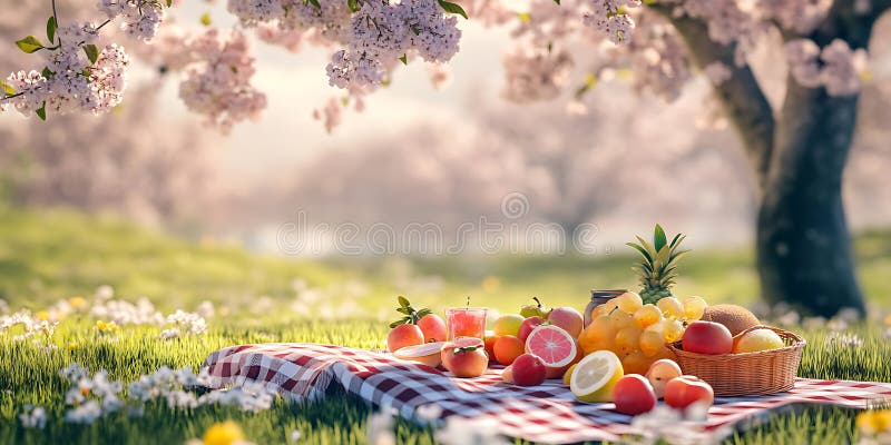 Spring Picnic Blooming Orchard Background Stock Illustration ...