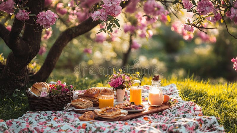 Spring Picnic Breakfast Under Blossoming Tree Stock Photo - Image of ...
