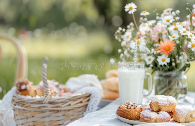 Spring Picnic with Cake and Flowers Stock Photo - Image of picnic ...