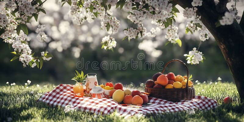 Spring Picnic Fruit Basket Under Blooming Tree Stock Illustration ...