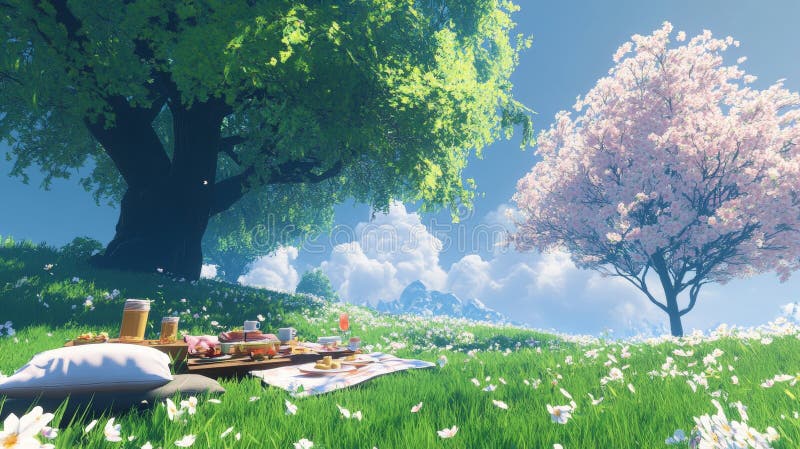 Spring Picnic in a Lush Meadow with Cherry Blossoms Stock Illustration - Illustration of summer ...