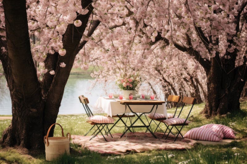 Spring Picnic Setup Under Blossoming Trees Stock Image - Image of ...