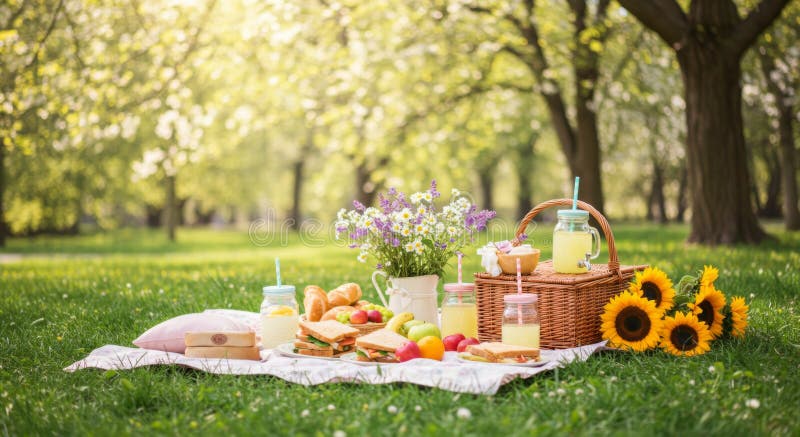 Spring Picnic in a Sunny Park with Food and Flowers Stock Illustration ...