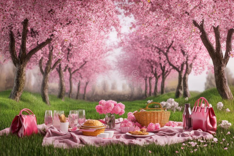 Spring Picnic Surrounded by Blooming Cherry Blossom Trees in a Serene ...
