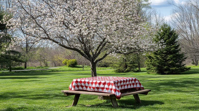 Spring Picnic Table, Blossom Tree, Park, Sunny Day Stock Photo - Image ...