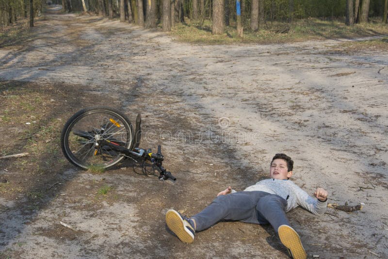 Spring in a Pine Forest Boy Fell Off His Bicycle Stock Photo - Image of ...