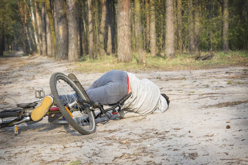 Spring in a Pine Forest Boy Fell Off His Bicycle Stock Photo - Image of ...
