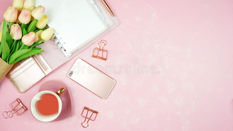 Spring Pink Desktop Workspace Blog Header Overhead Flat Lay. Stock ...