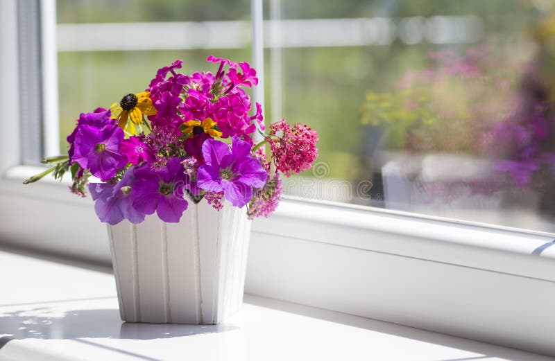 Spring Pink Flower Composition Near the Window Stock Image - Image of ...