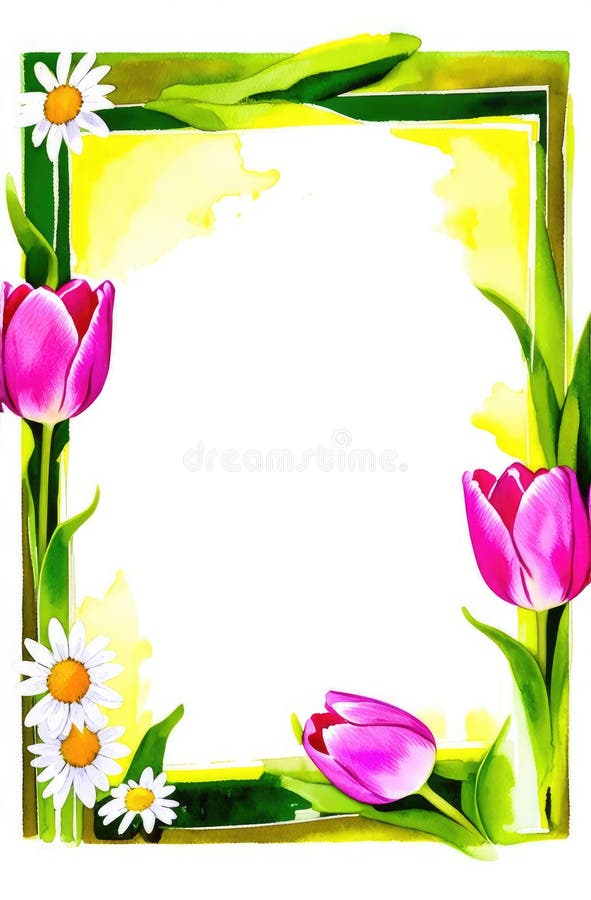Spring Postcard. Frame of Spring Flowers Tulips and Daisies on a ...