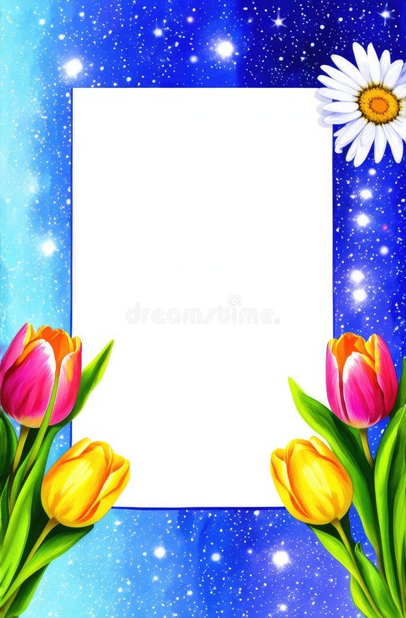 Spring Postcard. Sparkling Frame and Spring Flowers Tulips and Daisies ...