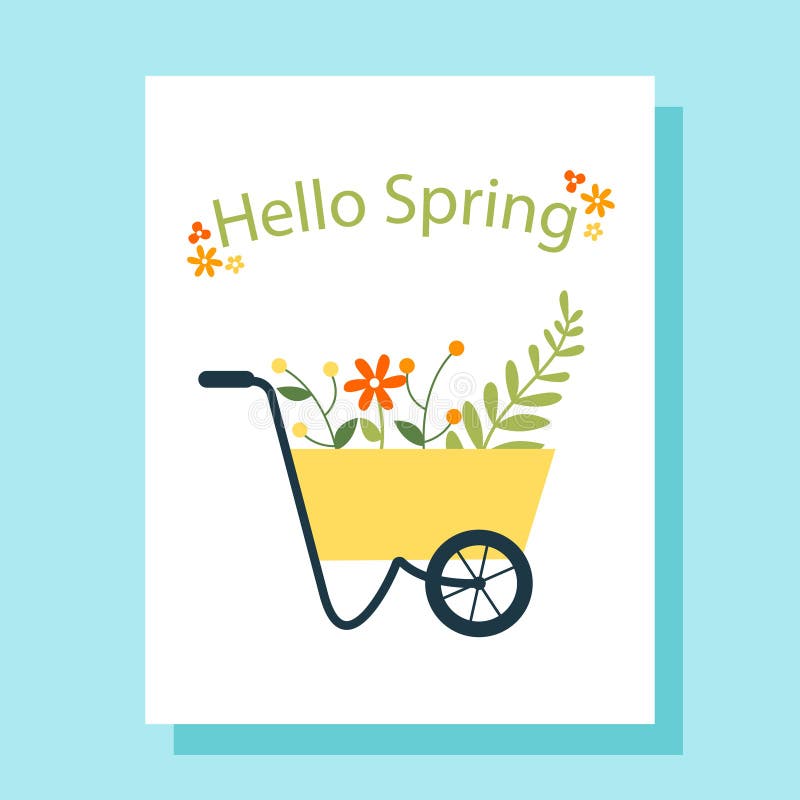 Spring Postcard Template. Cute Illustration with Cart and Flowers ...