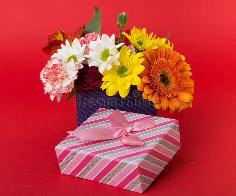 Spring present stock photo. Image of daisy, gerbera, ribbon - 51142006
