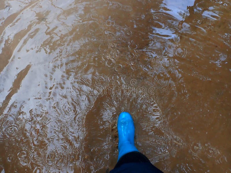 Spring Puddle.puddle Walk. Blue Rubber Boots in Spring Muddy Water ...