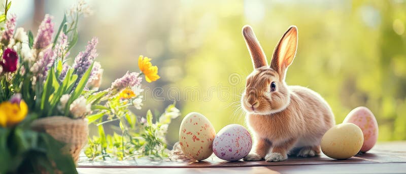Spring Rabbit with Eggs and Flowers Stock Photo - Image of wildlife ...