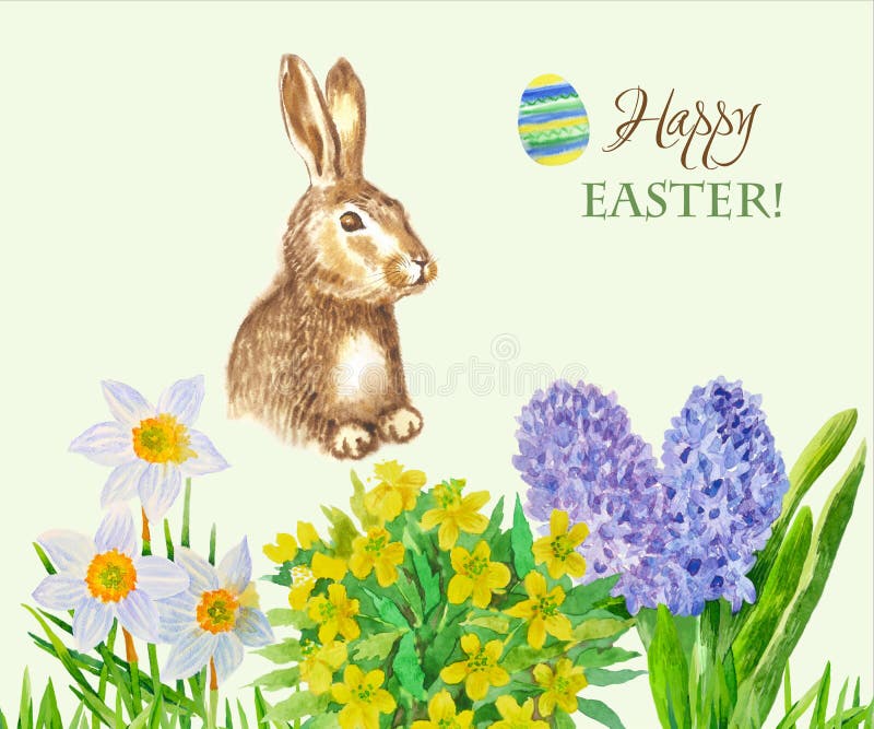Spring Rabbit and Flowers stock illustration. Illustration of isolated ...