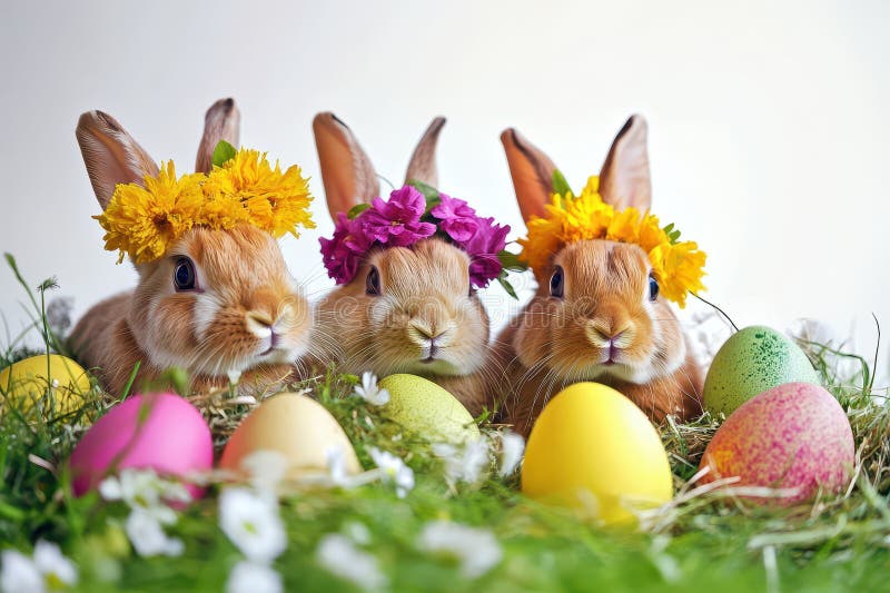 Spring Rabbits with Flower Crowns & Eggs Stock Image - Image of nature ...