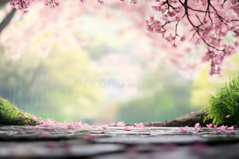 Spring Rain Cherry Blossom Garden Scene Stock Illustration ...
