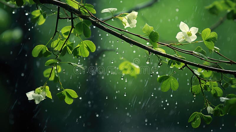 Spring Rain Falling on Fresh Greenery and Washing the First Flowers ...