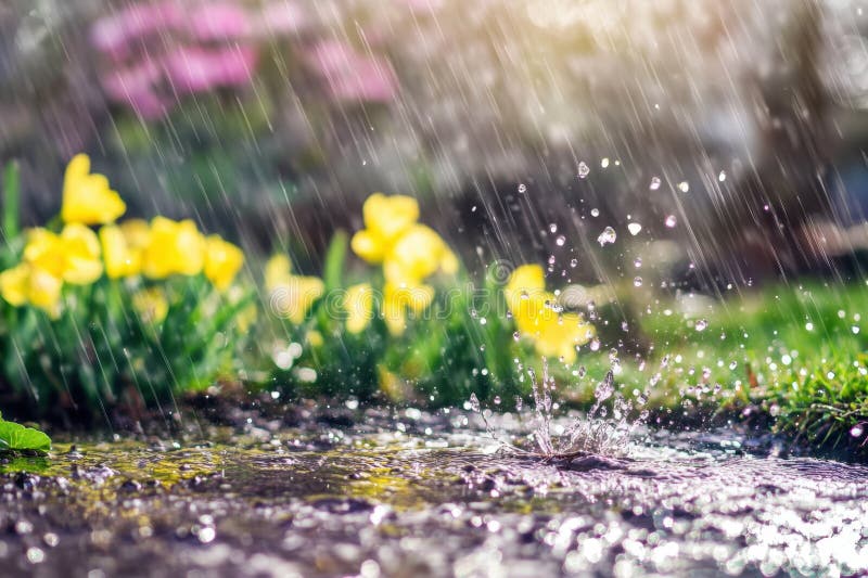 Spring Rain Shower Capturing Blooming Flowers and Spreading Ripples ...